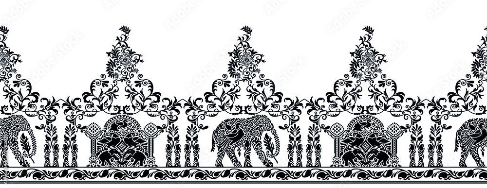 Seamless black and white traditional Asian elephant border design with ...