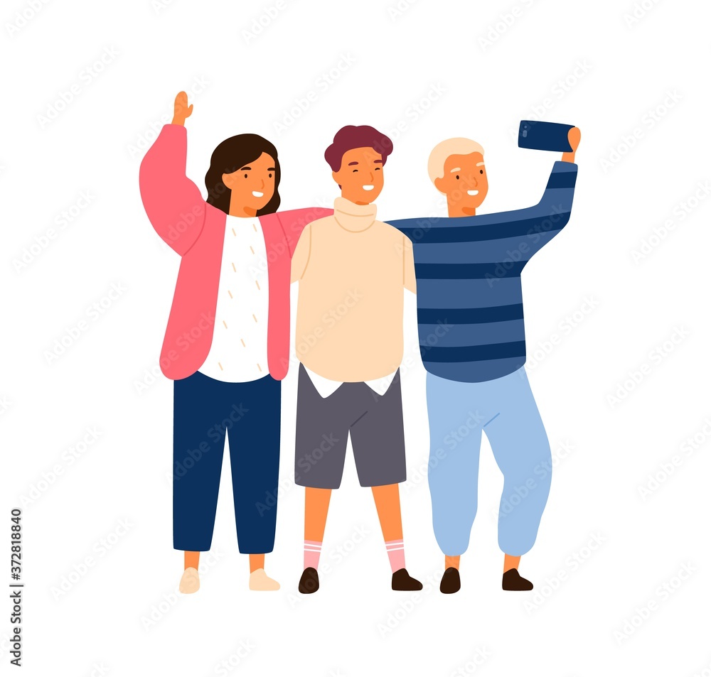 Group of smiling friends or classmates taking selfie use smartphone ...