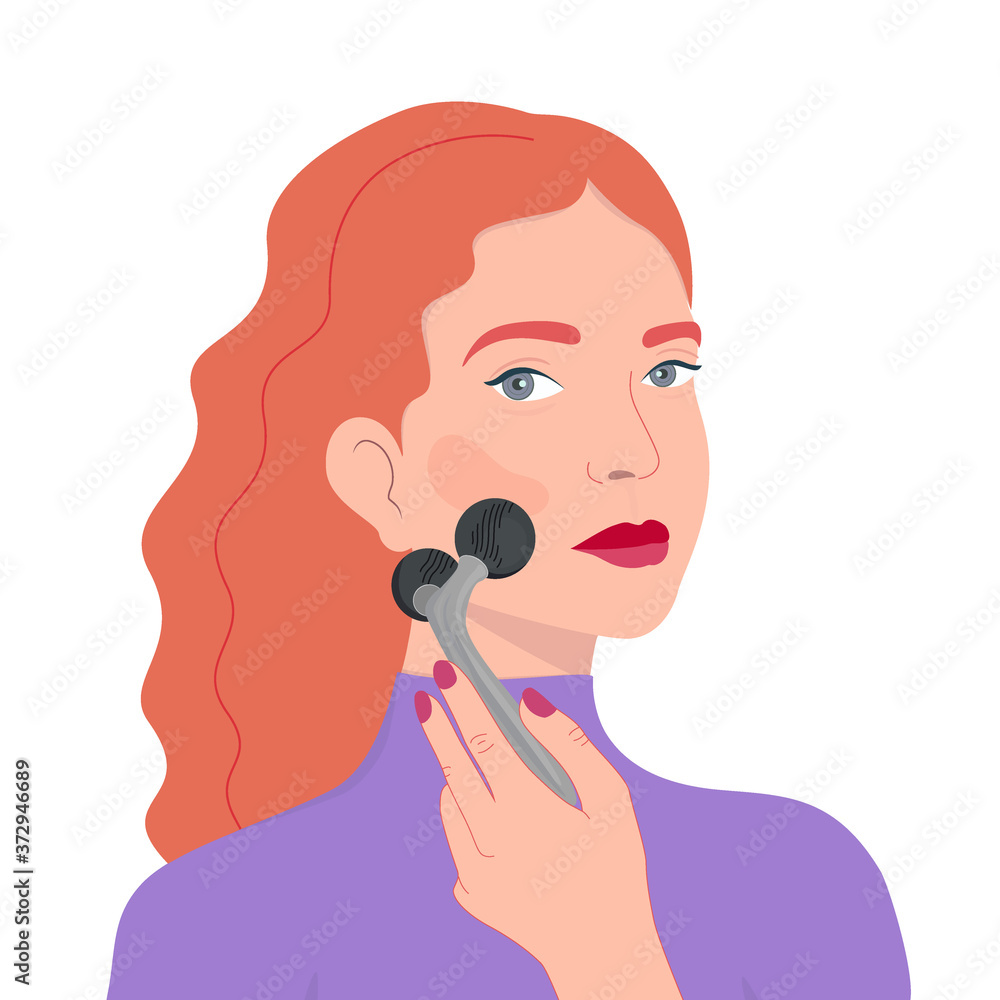 emale face and skin roller flat color vector illustration. Face massage ...