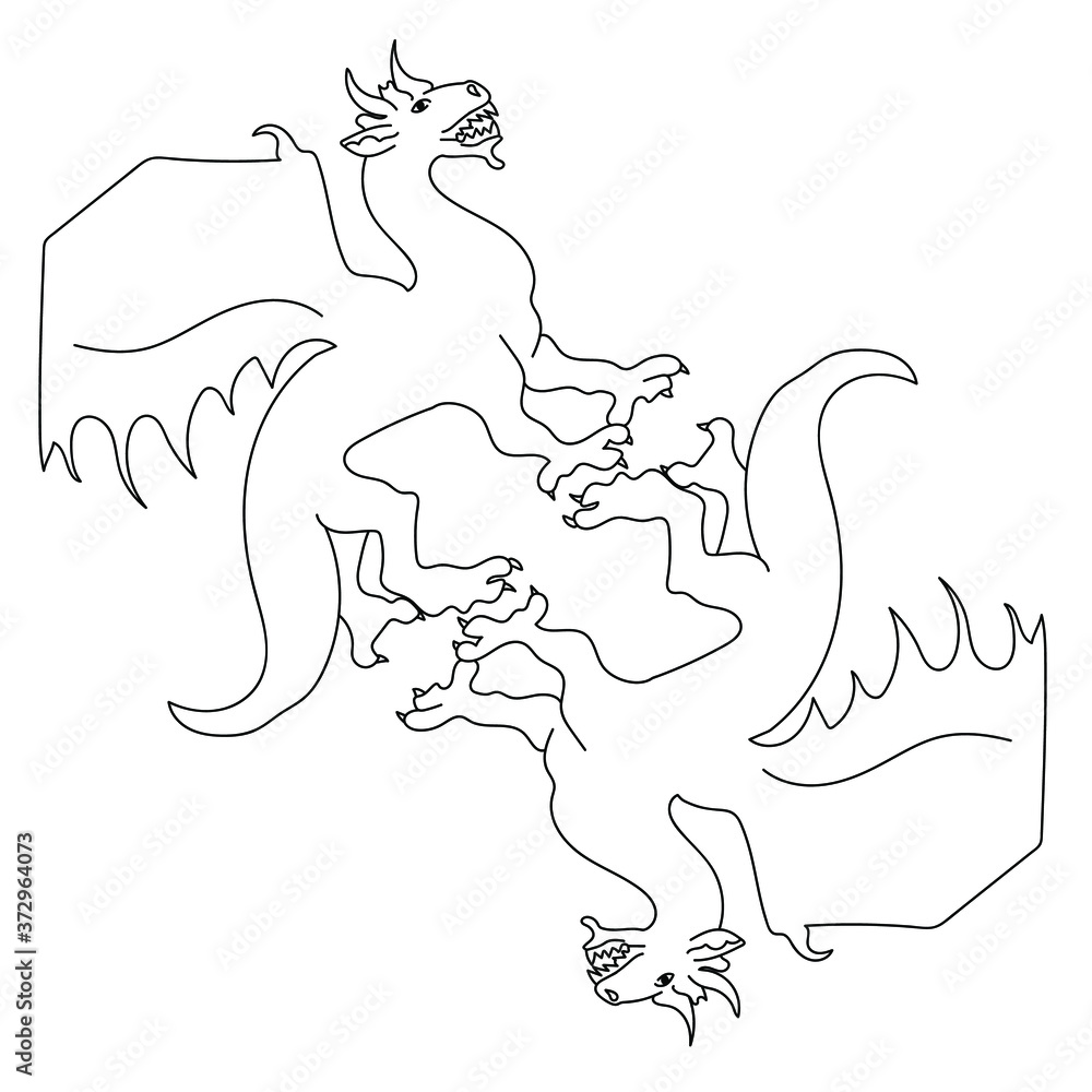 outline drawing of two dragons in mirror reflection, fantastic ...