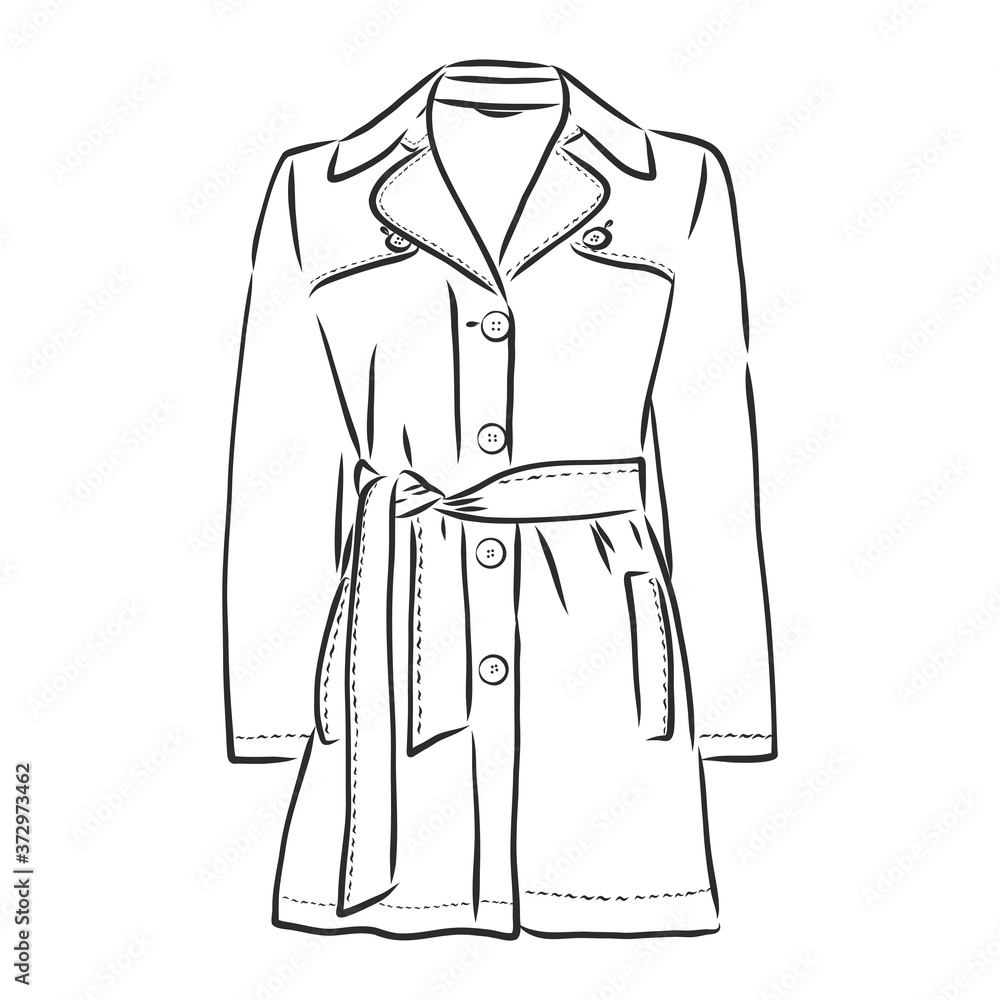 Raincoat. Monochrome sketch, hand drawing. Black outline on white ...