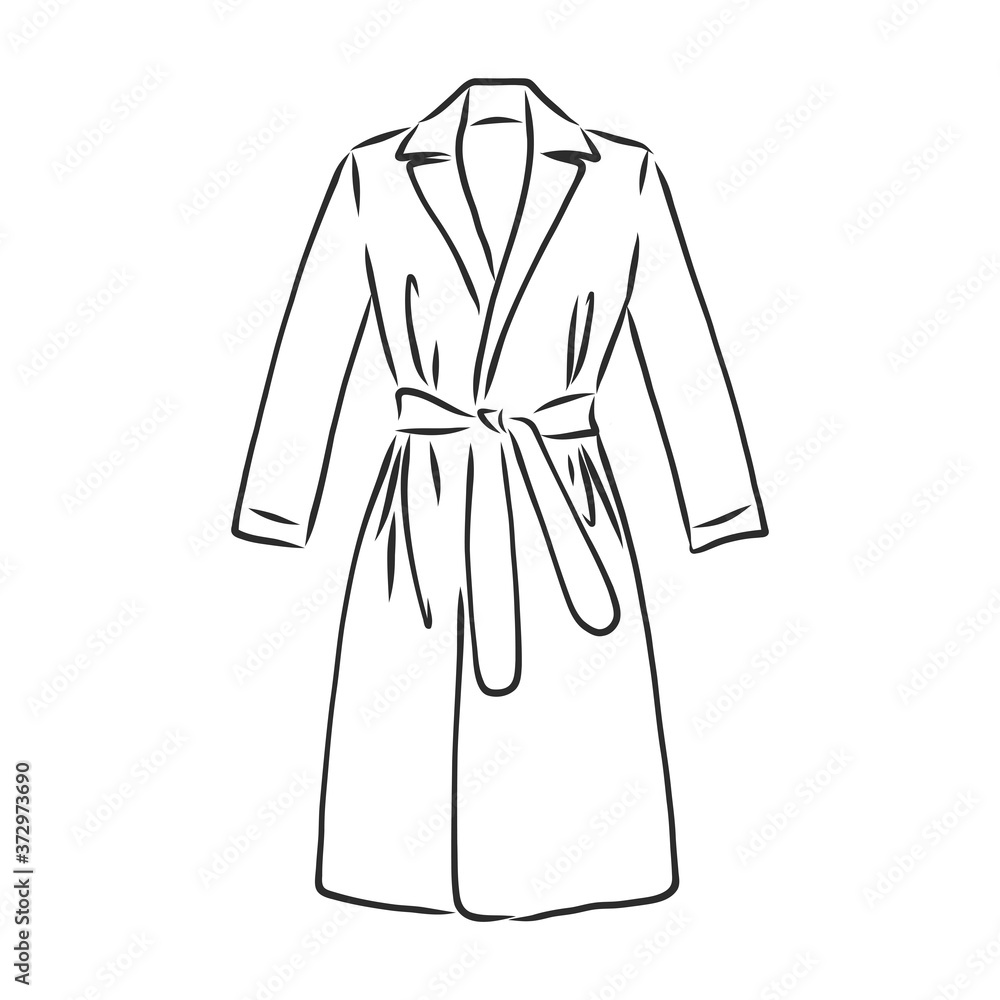 Raincoat. Monochrome sketch, hand drawing. Black outline on white ...