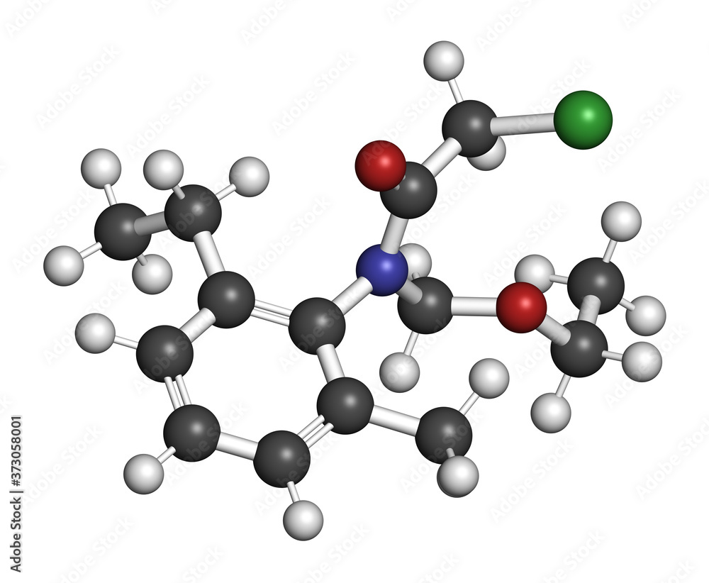 Acetochlor herbicide molecule. 3D rendering. Atoms are represented as ...