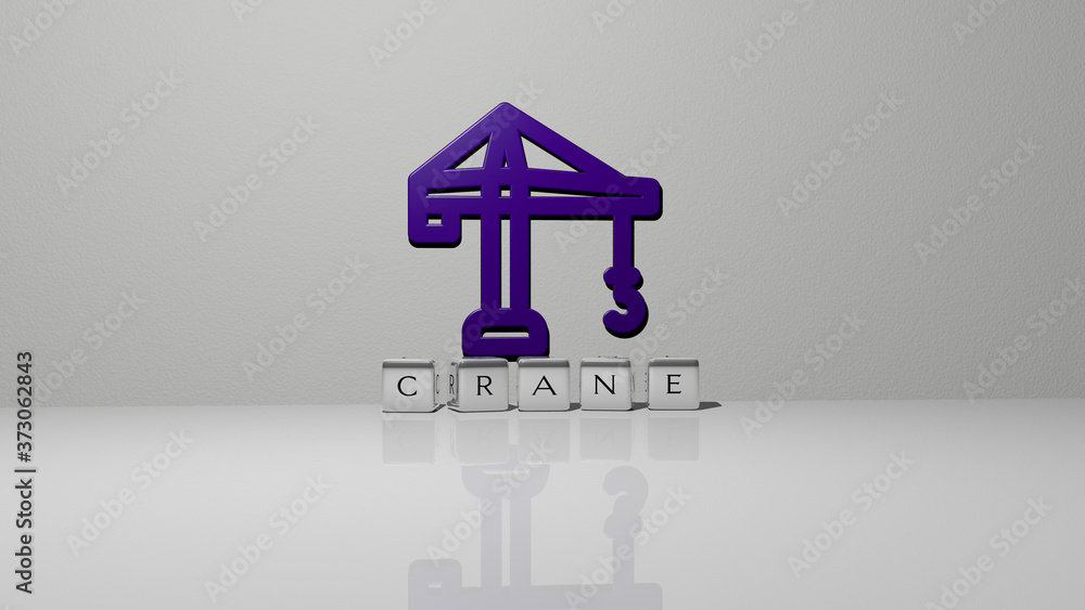 crane text of cubic dice letters on the floor and 3D icon on the wall ...