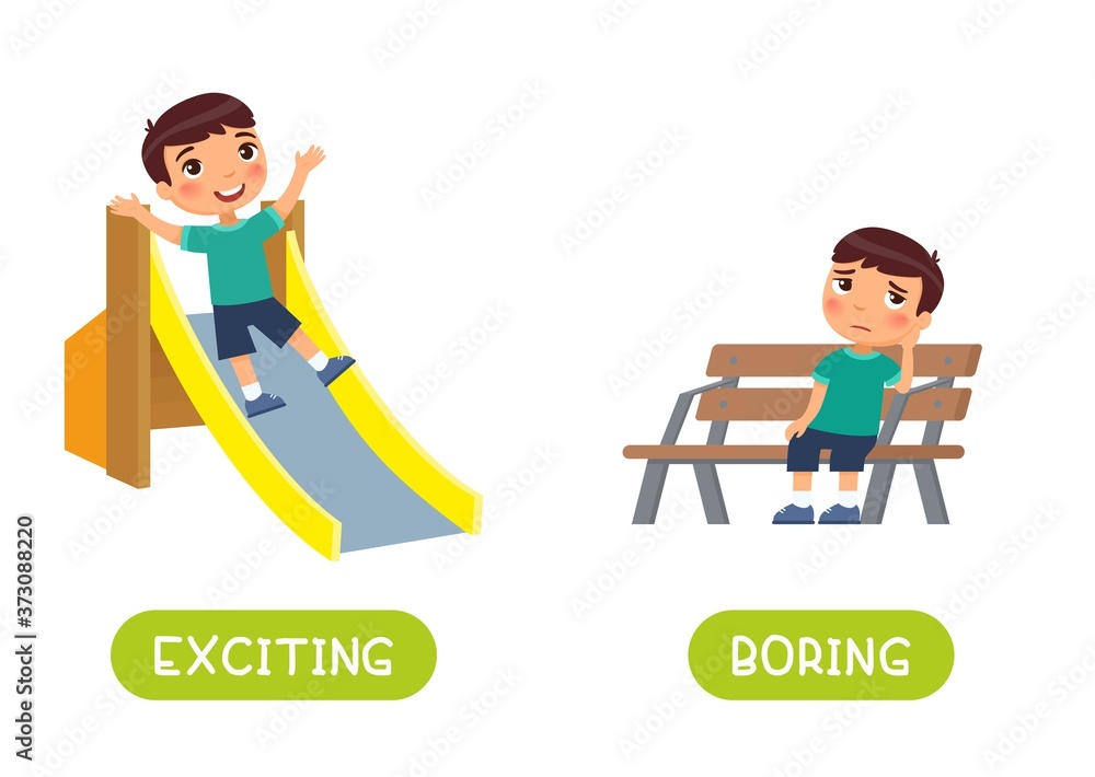 Excited and calm antonyms word card vector template. Opposites concept ...