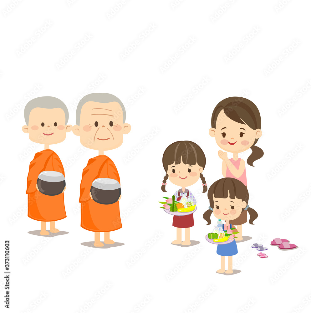 Cartoon give alms buddhist monk Stock Vector | Adobe Stock