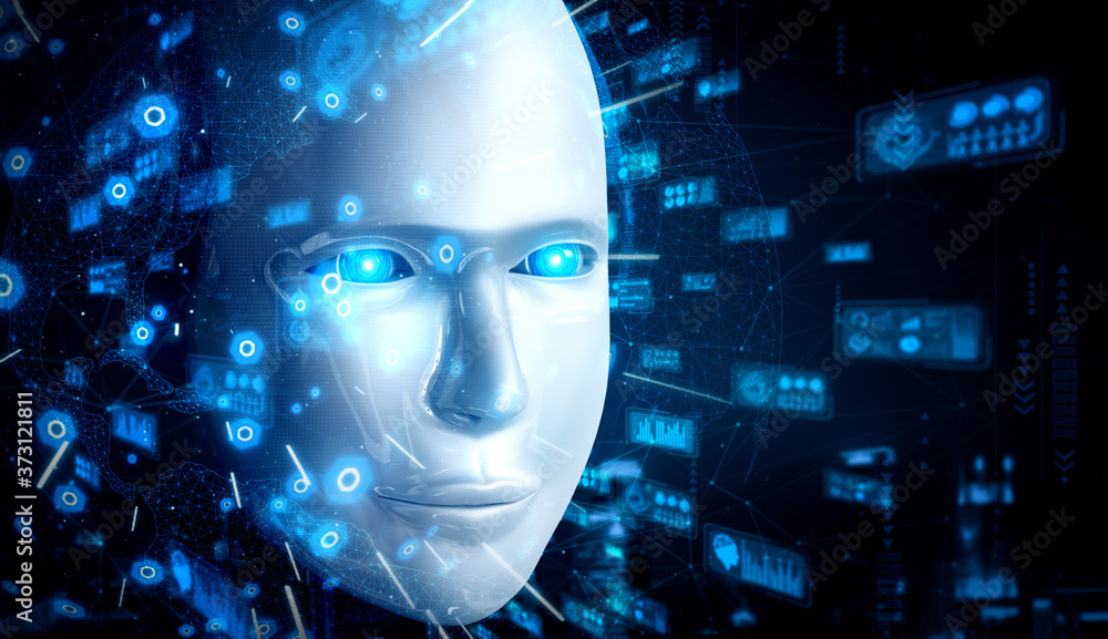 Robot humanoid face close up with graphic concept of big data analytic ...