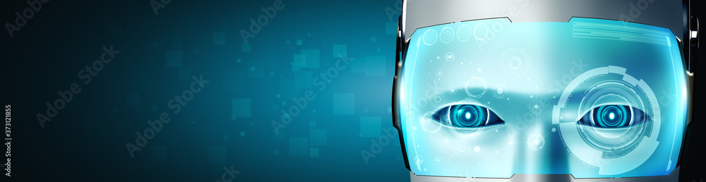 Robot humanoid face and eyes close up view 3D rendering. AI thinking ...