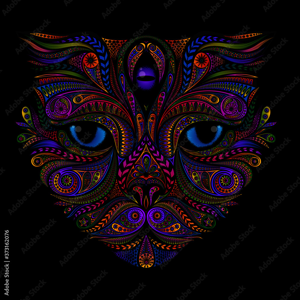 Colored vector cat with a third eye from patterns in the zentangle ...