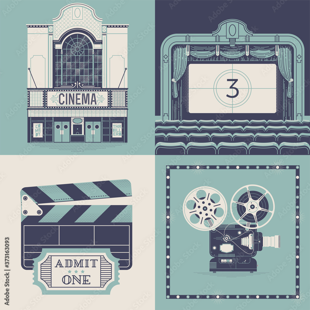 Vector designs on movie theater and cinema entertainment with classic ...