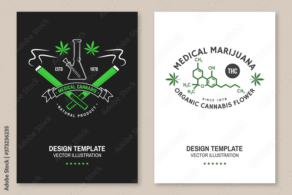 Medical cannabis poster, flyer, template with cannabis leaf, glass bong ...