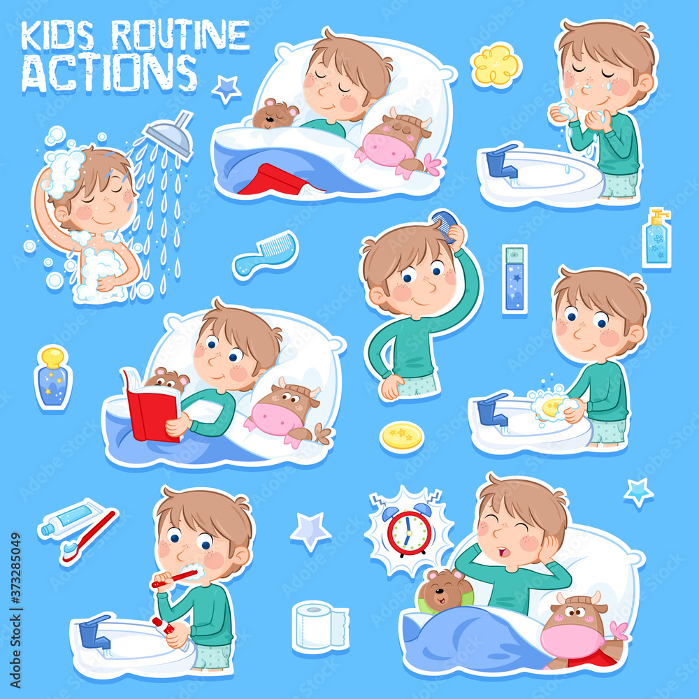 Daily routine of a little boy with light brown hair - Set of eight good ...