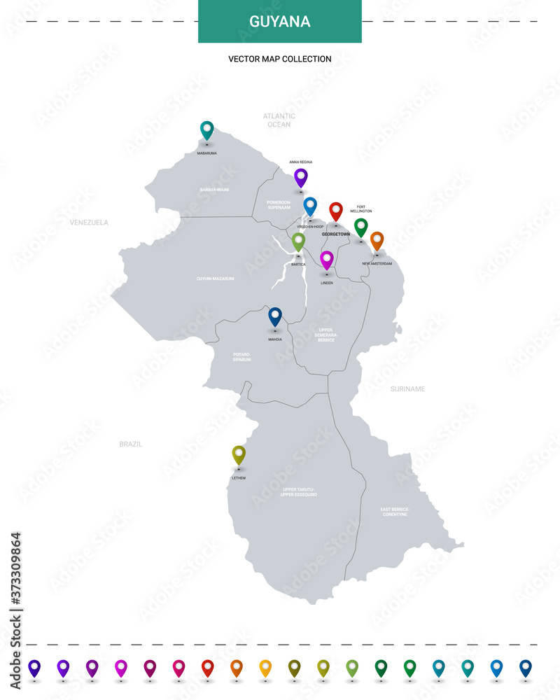 Guyana map with location pointer marks. Infographic vector template ...