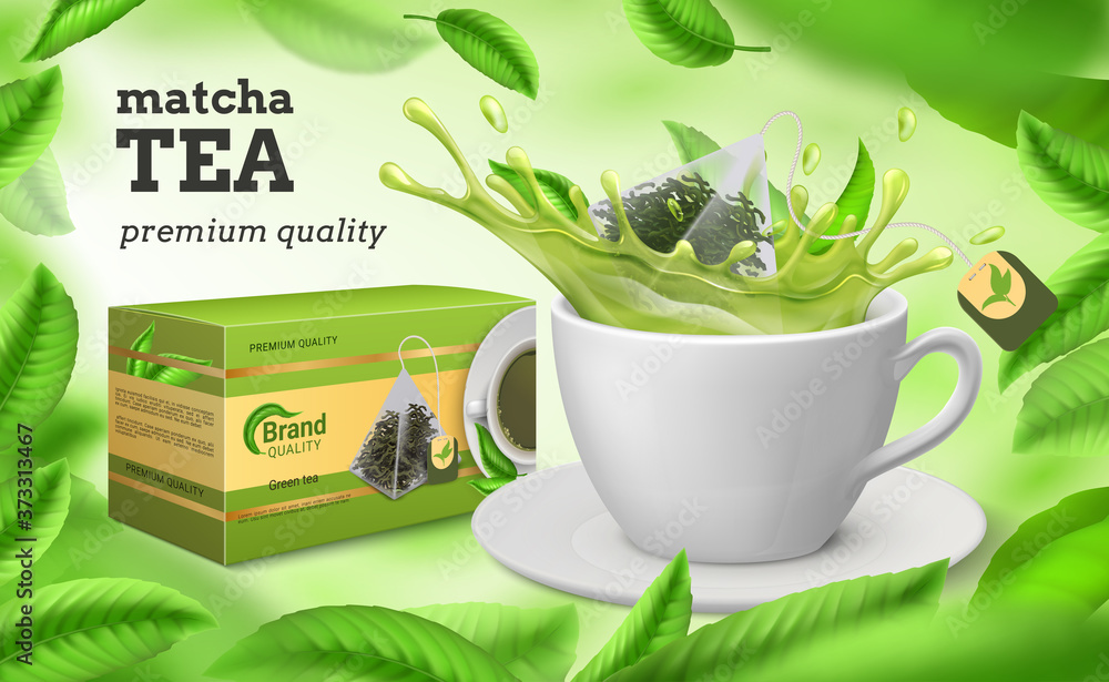 Tea ad. Realistic cup and package of green and dried tea, natural ...