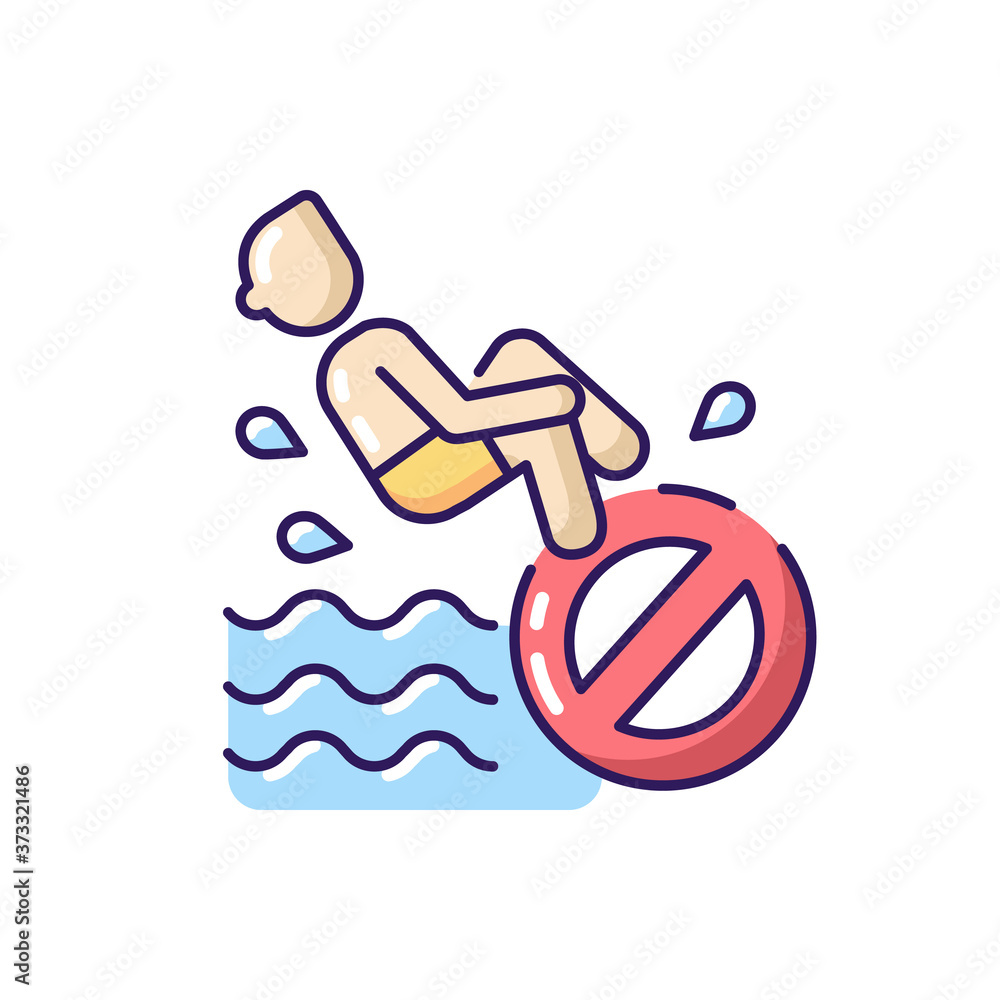 No bomb jumping RGB color icon. Waterpark safety regulation, aqua park ...