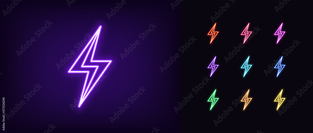 Neon lightning flash icon. Glowing neon thunder bolt sign, electrical ...