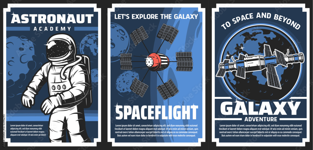 Space explore, astronaut academy retro vector posters. Cosmos research ...