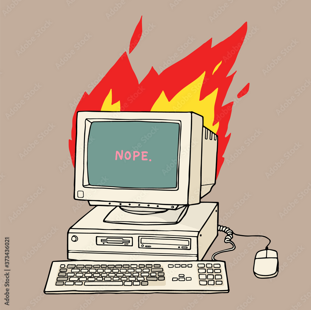 Retro vintage PC system / crt monitor on fire, floppy disk, keyboard ...