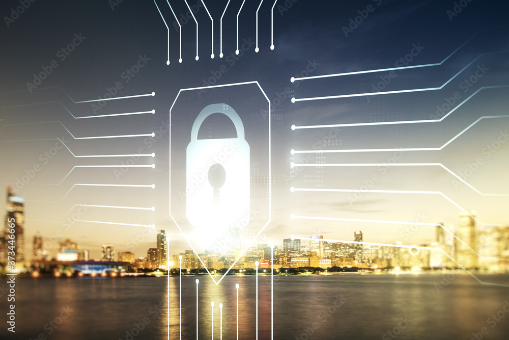 Virtual creative lock illustration with microcircuit on Chicago ...