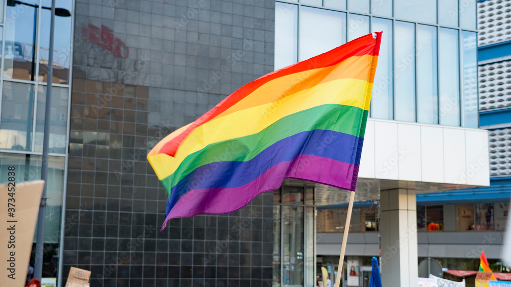 LGBT equality march. Young people wearing rainbow clothes and symbols ...