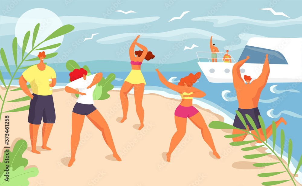 Summer beach party at fun vacation holiday, vector illustration. Young ...