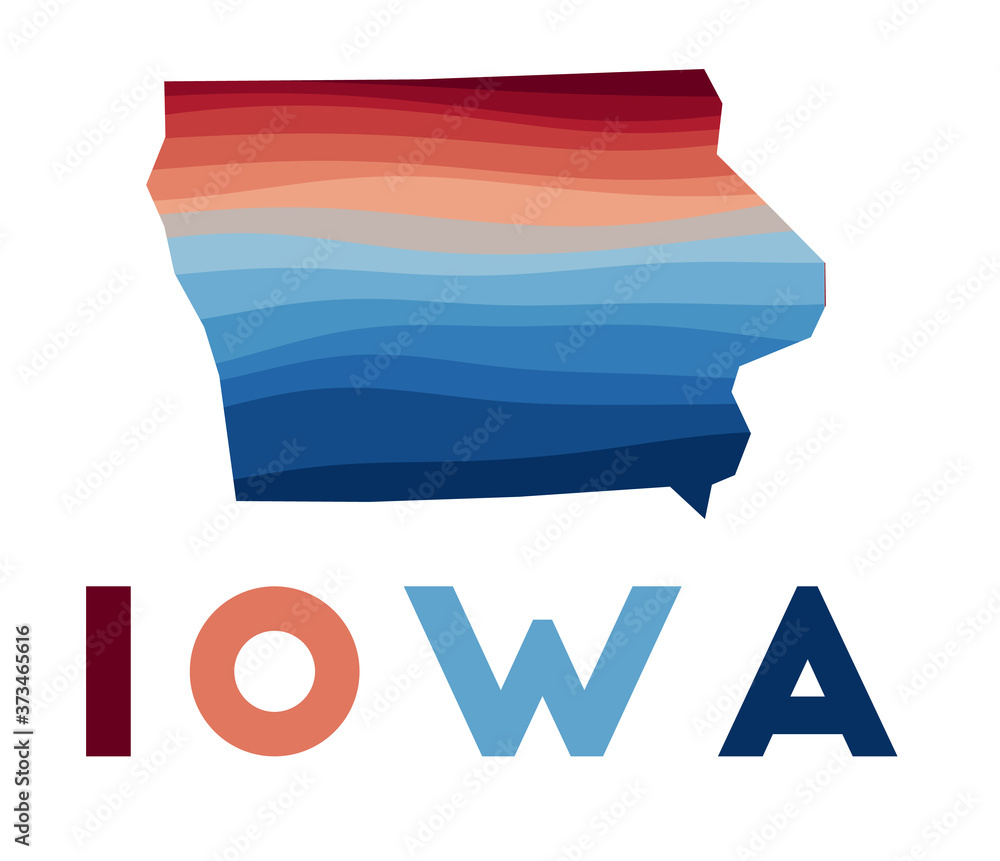 Iowa map. Map of the US state with beautiful geometric waves in red and ...