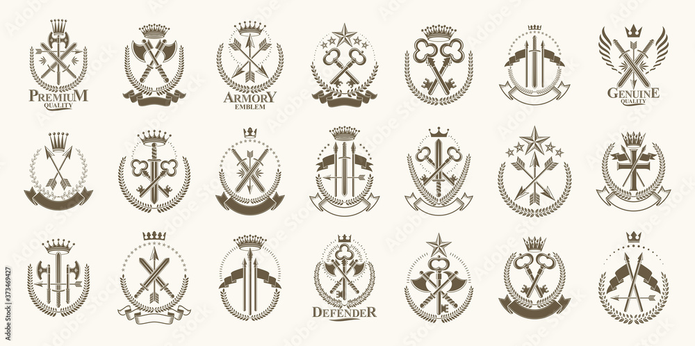Vintage weapon vector logos or emblems, heraldic design elements big ...