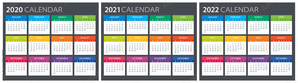 2020 2021 2022 Calendar - illustration. Template. Mock up Stock Vector ...