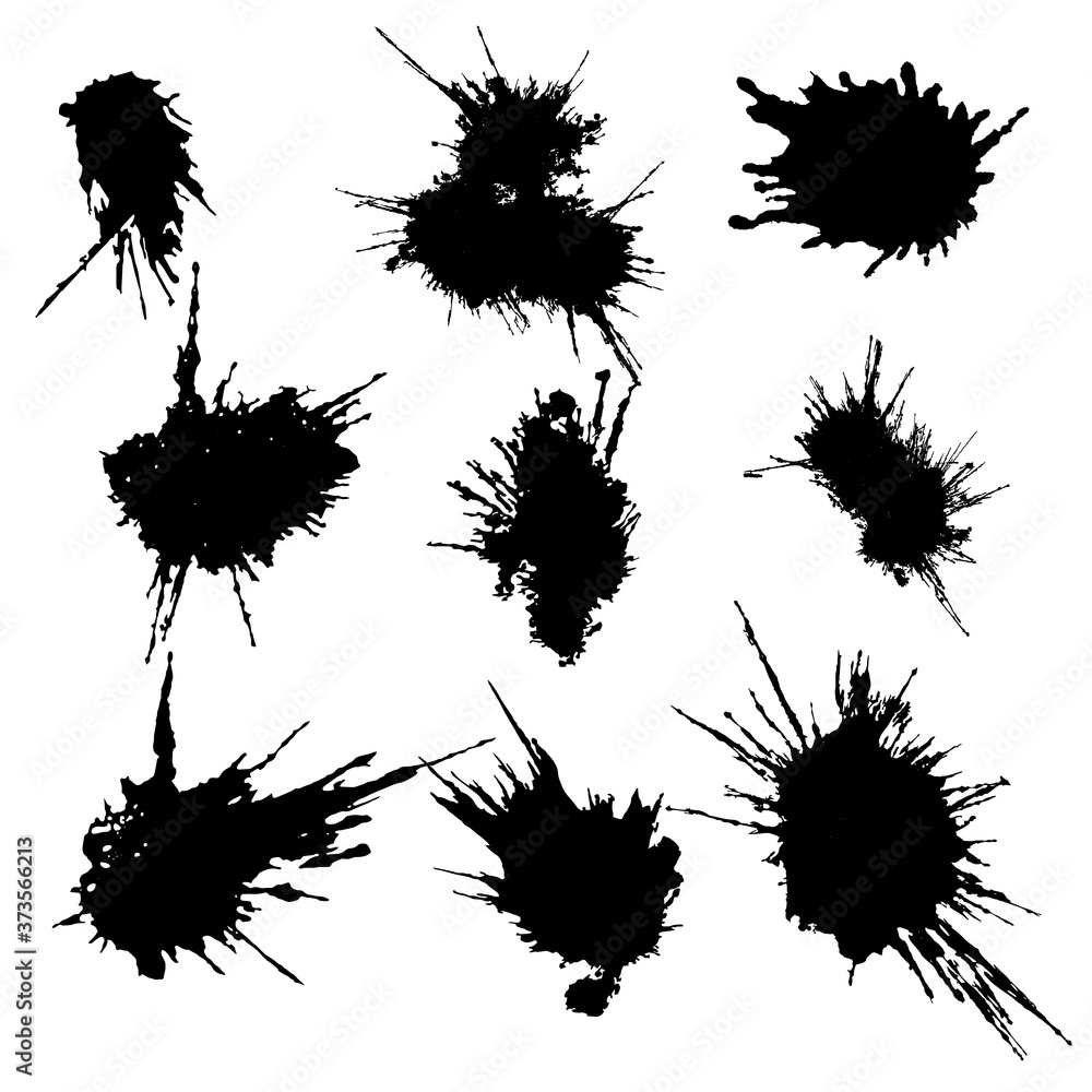 Vector black and white ink splash, blot and brush stroke, spot, spray ...