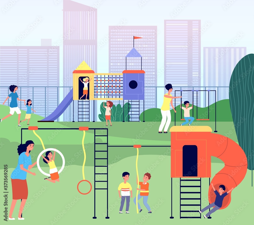 City playground. Kindergarten park, summertime baby with mother outdoor ...