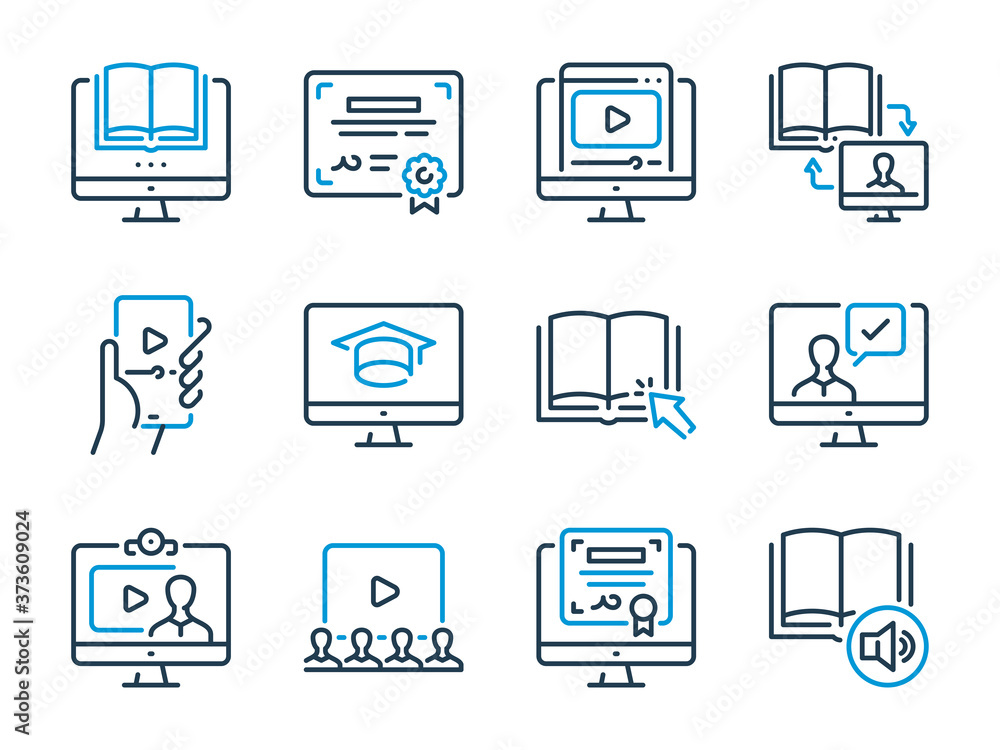 Online Education related vector line icons. E-learning and Remote ...