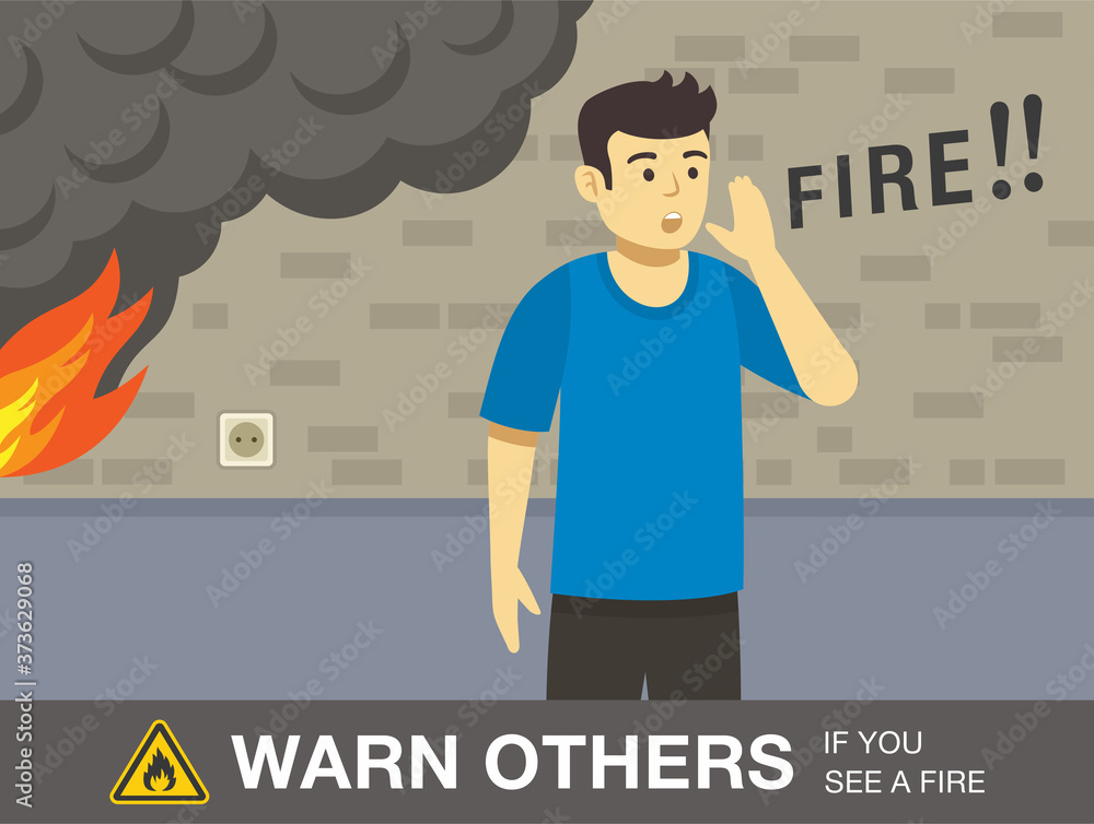 Fire safety activity. Young man is warning other people for fire. Flat ...