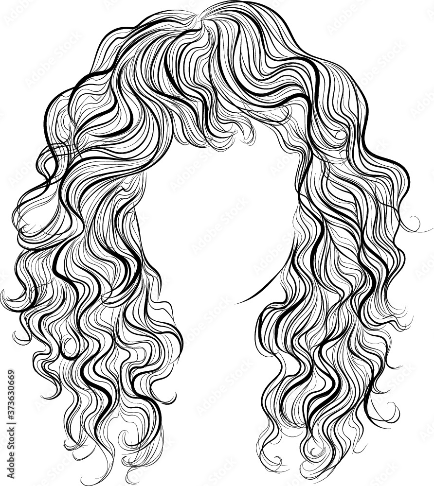 Long curly hair, vector illustration, black and white outline drawing ...