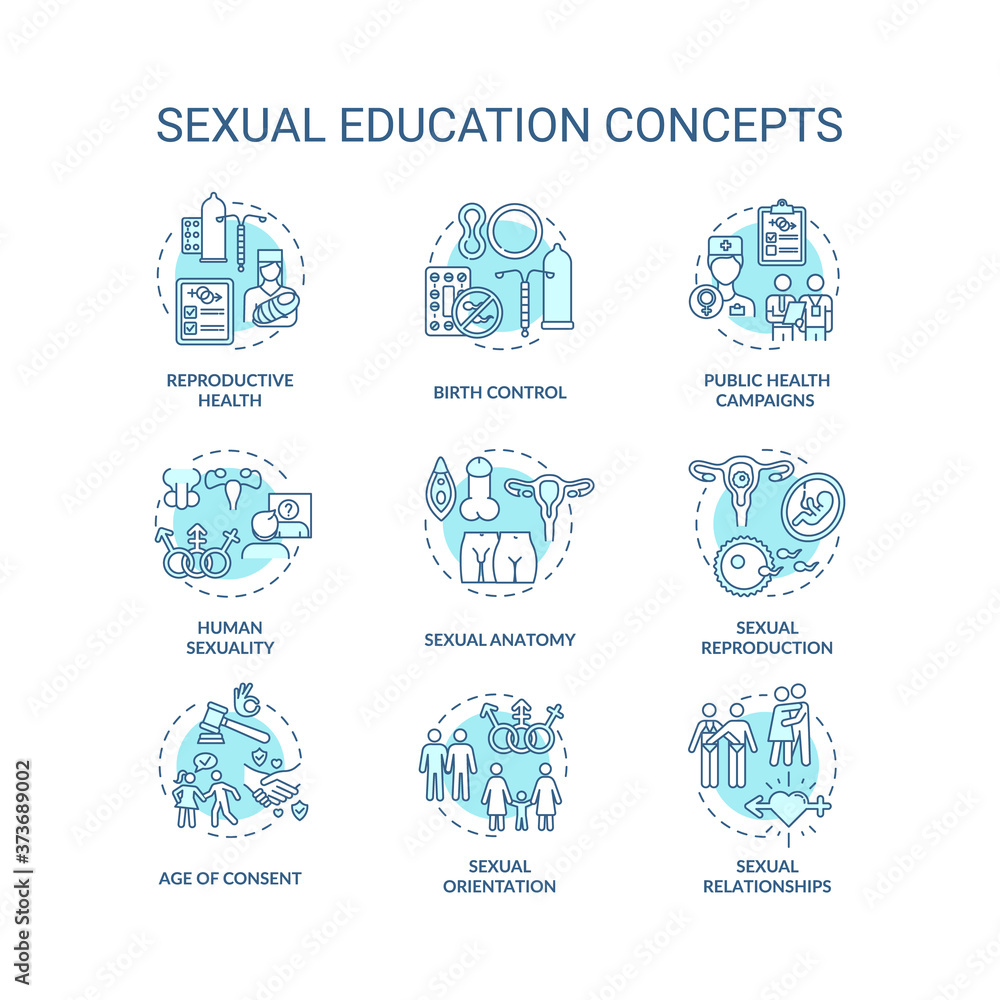 Sexual education concept icons set. Human sexuality and physiology idea ...