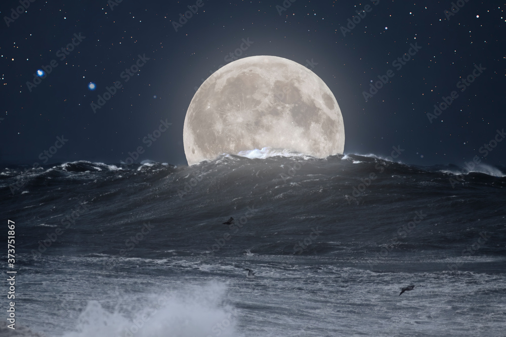 Moonlit stormy sea wave Stock Photo | Adobe Stock