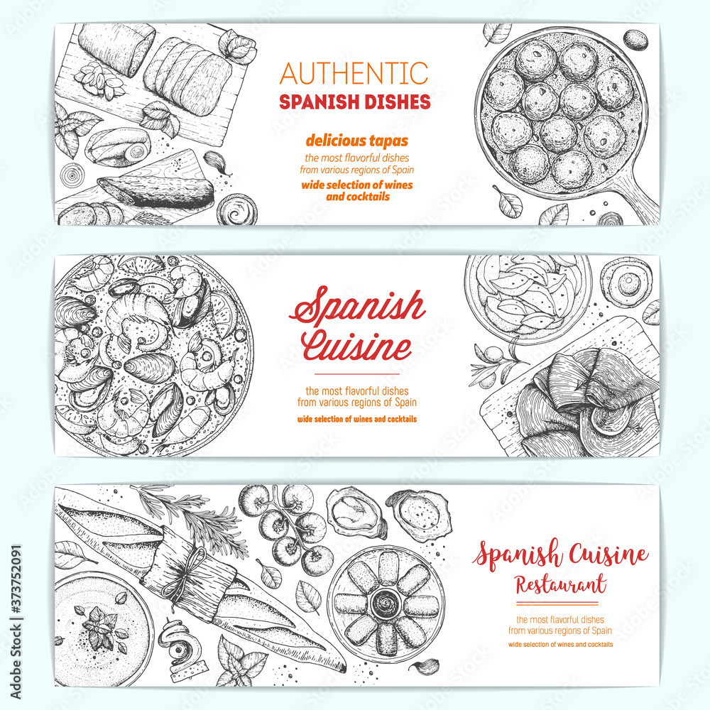 Spanish cuisine banner collection. Set spanish dishes with albondigas ...