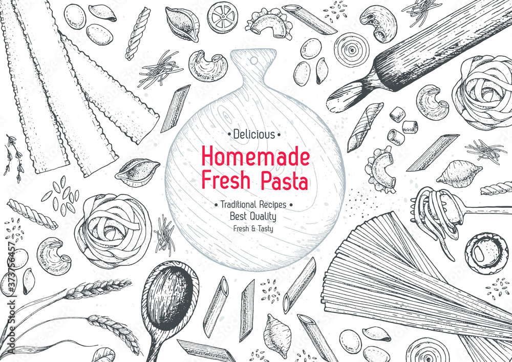 Italian pasta top view frame. Hand drawn vector illustration ...