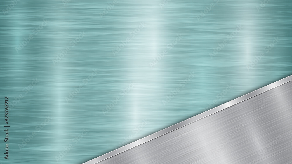 Background consisting of a light blue shiny metallic surface and one ...