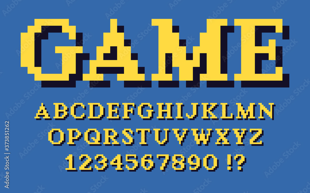 Pixel classic serif font with shadow 3D video computer game design 8 bit retro letters and ...