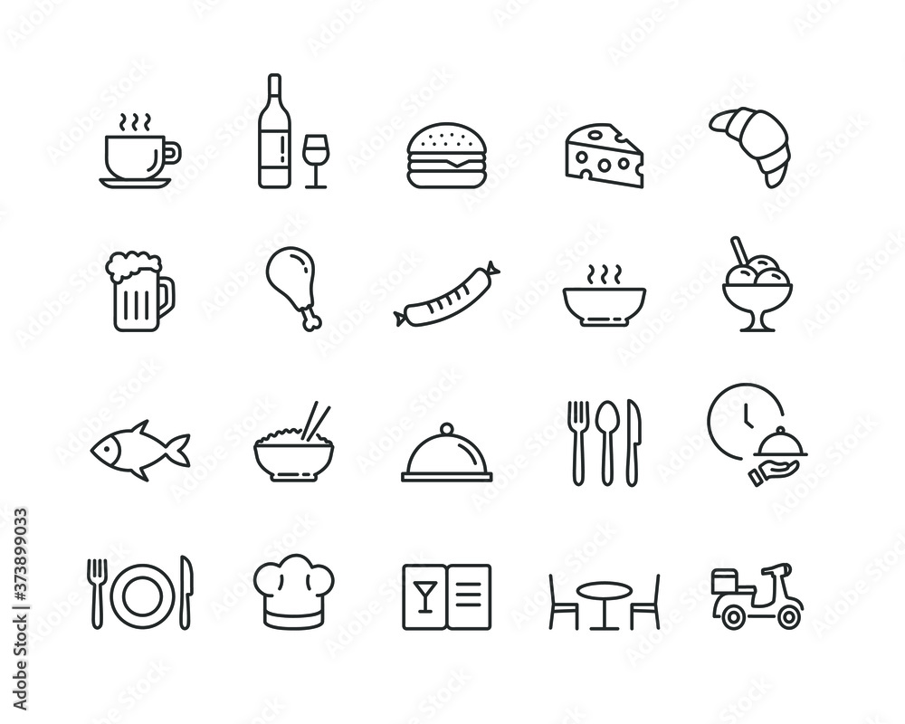 Restaurant line icon set with editable stroke. Outline collection of 20 ...