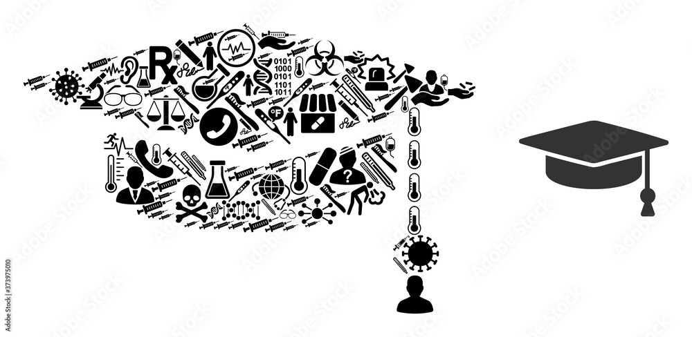 Mosaic graduation cap with health care symbols and basic icon. Mosaic ...