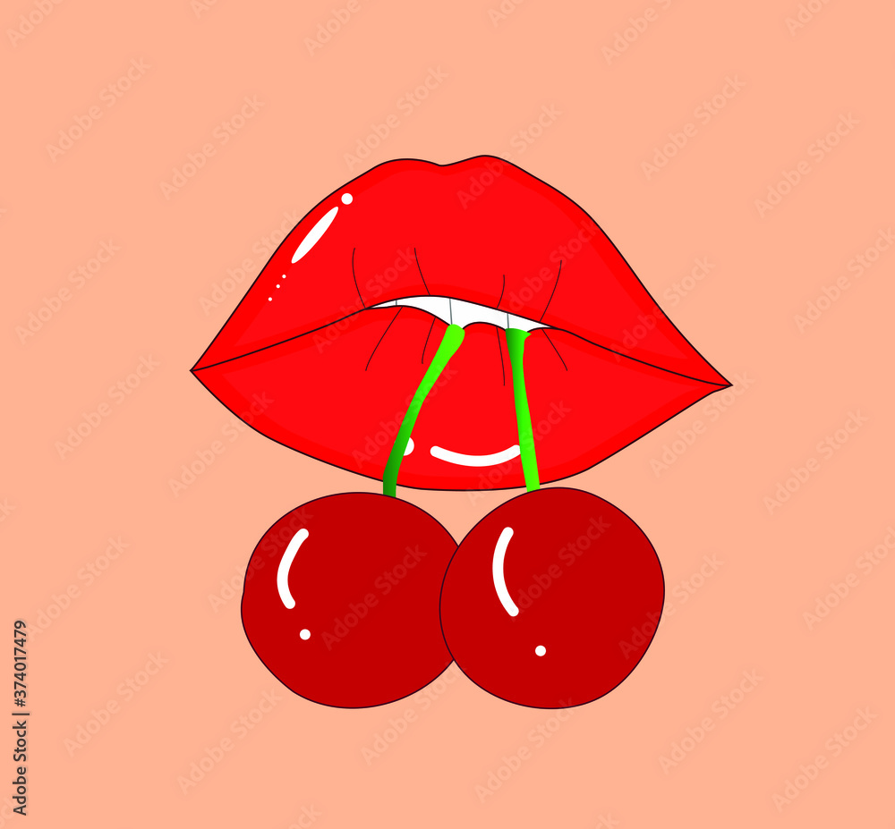 Ilustración de vector de labios rojos animados, sosteniendo dos cerezas ...