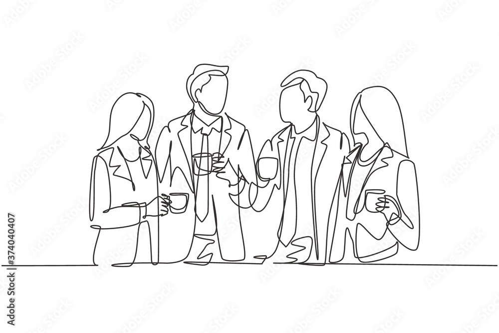 One single line drawing of young male and female office employees ...
