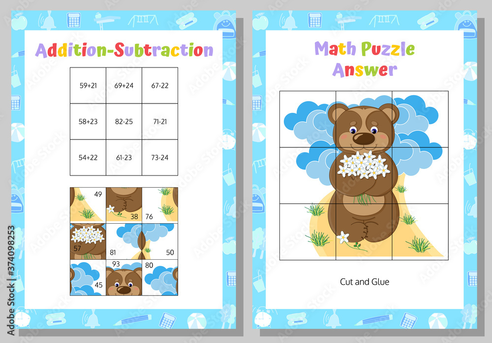 Addition, Subtraction Math Puzzle Worksheet. Educational Game ...