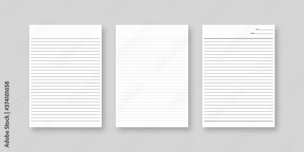 Notebook paper set. Sheet of lined paper template. Mockup isolated ...