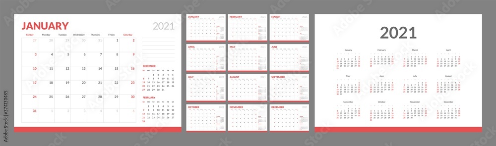 Wall calendar template for 2021 year. Planner diary in a minimalist ...