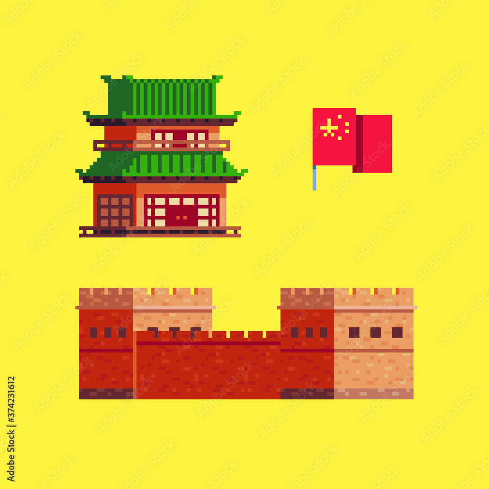 China country pixel art 80s style icons set. Asian temple and flag ...