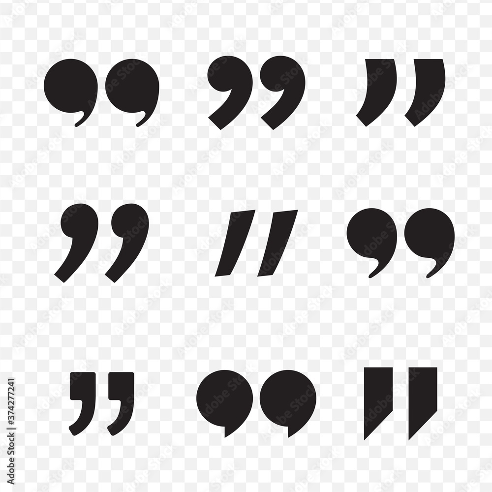 Quote mark black icon set isolated on transparent background. Quotation ...
