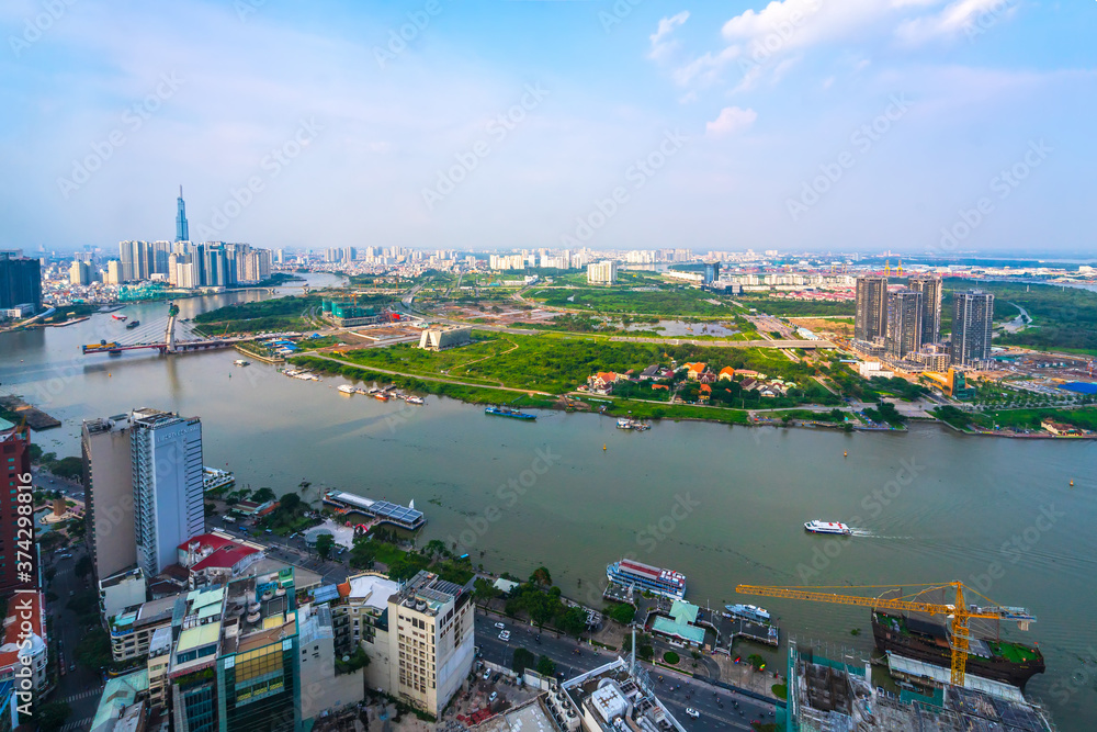 Panorama High view Saigon skyline when the sun shines down urban with ...