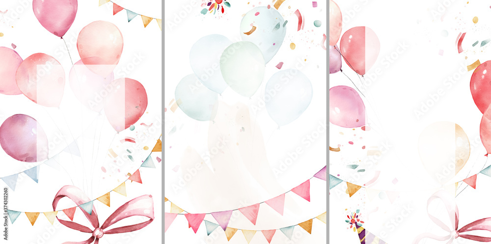 Ready to use Card. Watercolor invitation design with balloons ...